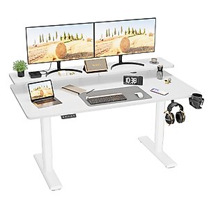 Kemon Electric Standing Desk with Monitor Stand, 55 x 24 Inch Height Adjustable Sit Stand up Desk, Home Office Computer Workstation with Cup Holder and Hook, Stand Table for Work, Carbon Black