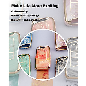 SANRILY Golden-edge Jade Pattern Key Fob Cover for VW Atlas Arteon Jetta Golf Alltrack Passat for Tiguan Skoda Kodiaq Superb A7 Accessories with Leather Keychain Keyless Smart Key Case Shell Orange