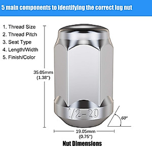 NPAUTO Chrome Wheel Lug Nuts 1/2 x 20, 1.38" 3/4" Hex Conical Replacement for Ford Mustang Edge Ranger Flex Explorer E-150 Crown Victoria, Dodge Ram 1500, Pack of 20