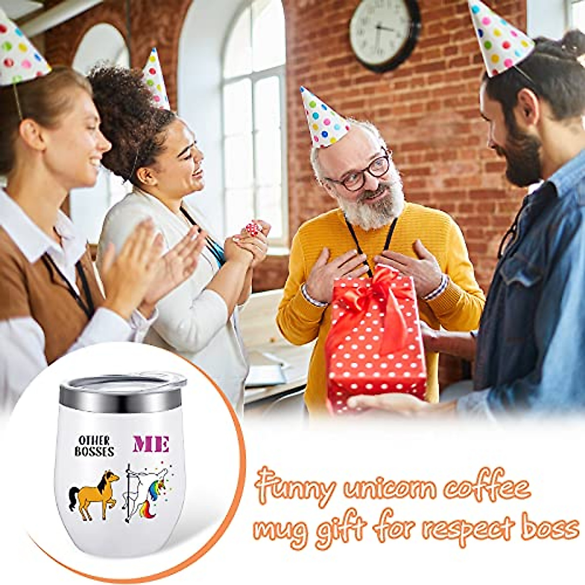 Geiserailie Christmas Funny Boss Gifts Unicorn Coffee Mug Novelty Boss Gift Idea for Bosses Day Birthday Christmas Office Decorations 12 oz Stainless Steel Wine Tumbler with Lid Brush (White)