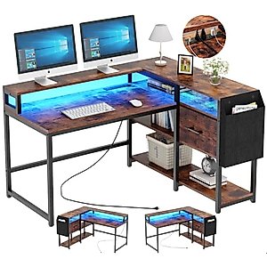 Loomie Reversible L Shaped Desk with Drawer, 55" W x 41" D Industrial Corner Computer Desk with 4 Tier Shelves & Monitor Stand