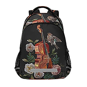 Embroidery Musical Violin Backpack Lightweight Shoulder Bag, Bird Pink Roses Laptop Backpack Casual Daypack with Safe Reflective Stripes for Daily Hiking Camping