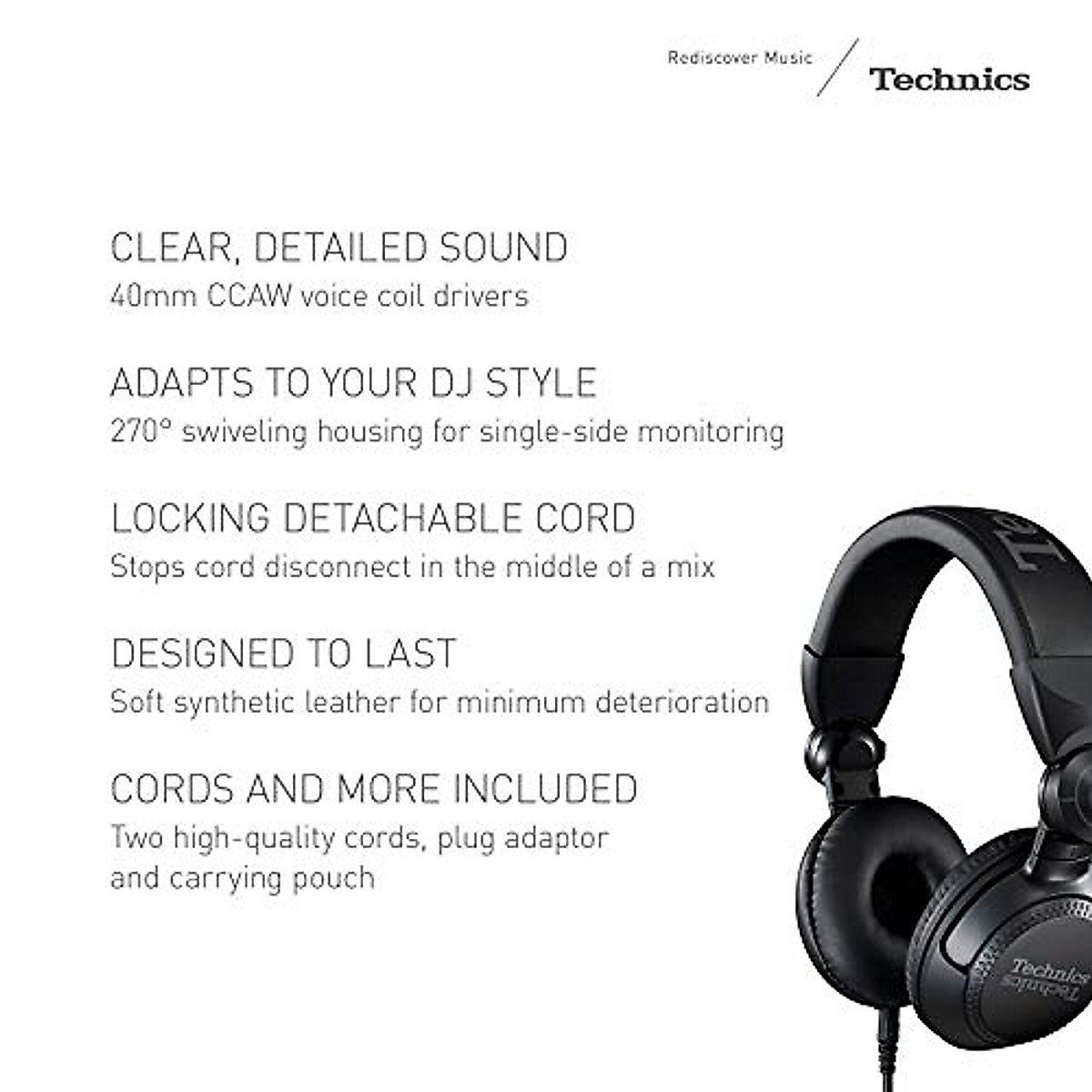 Technics Professional DJ Headphones with 40mm CCAW Voice Coil Drivers, 270° Swivel Housing and Locking Detachable Cord; Lightweight, Foldable High Input - EAH-DJ1200 (Black)