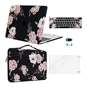 MOSISO Compatible with MacBook Pro 13 inch Case M2 2023, 2022, 2021-2016 A2338 M1 A2251 A2289 A2159 A1989 A1708 A1706, Plastic Peony Hard Shell&Bag&Keyboard Cover&Webcam Cover&Screen Protector, Black