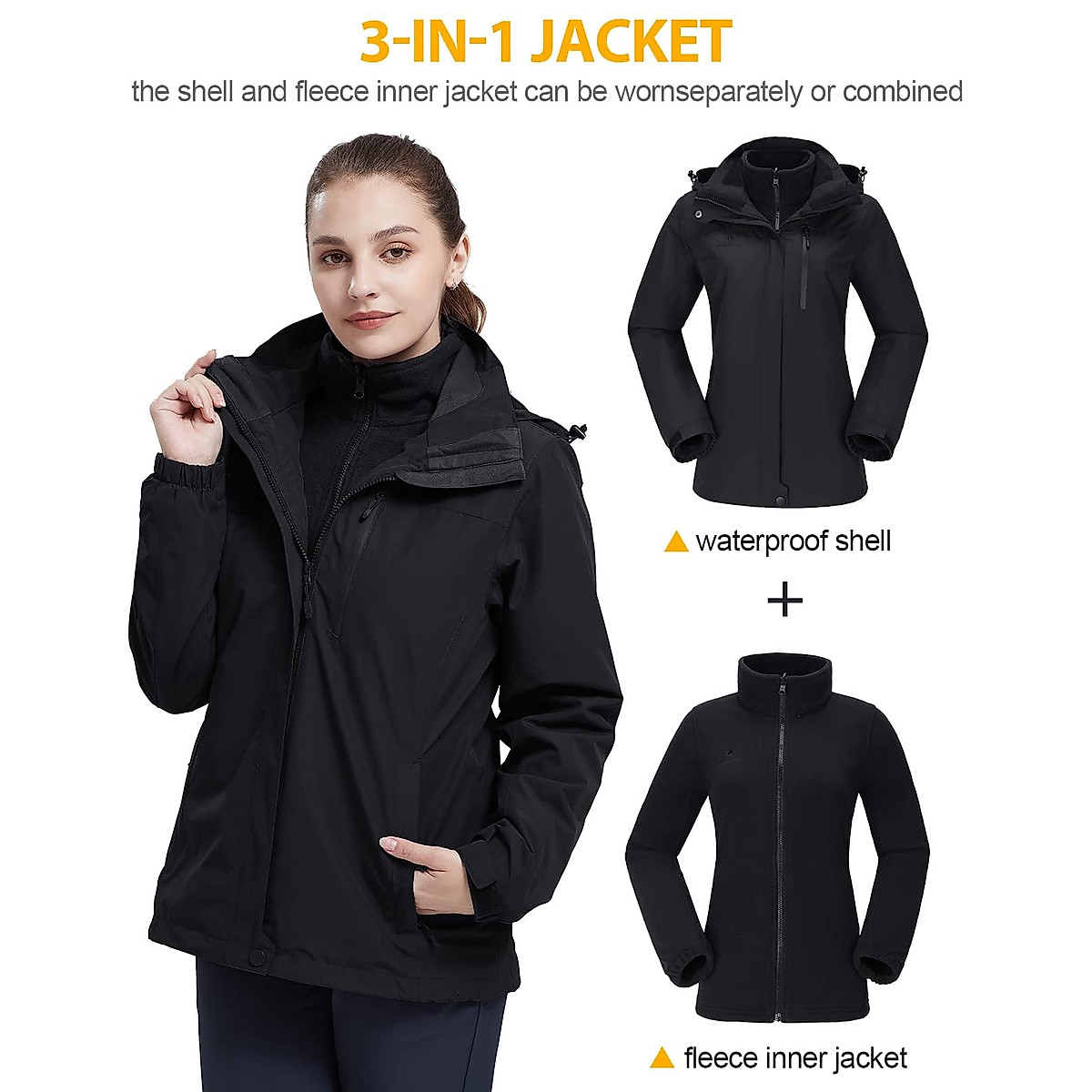CAMEL CROWN Women's Waterproof Ski Jacket 3 in 1 Winter Coat Windbreaker Snowboard Jackets for Rain Snow Outdoor Hiking Black S