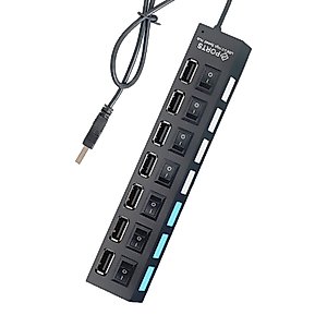 7-Port USB Hub 2.0, USB Hub USB Splitter with Individual Switches for Laptop, Computer, Keyboard and Mouse, USB Devices (Black)
