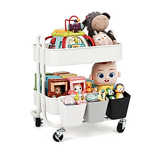 2-Tier Rolling Cart with Wheels, G-Hemobel Metal Utility Cart with 3 Hanging Cups and 2 Lockable Wheels, Organizer Cart with Multi-Functional Storage, White