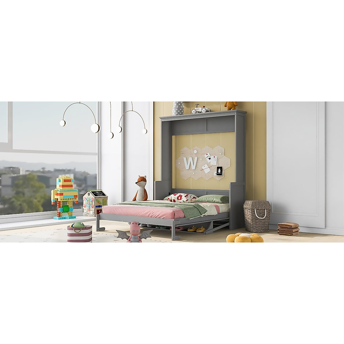 King Size Upholstered Platform Bed with Oversized Padded Backrest, King Bed Frame with Thickening Pine Wooden Slats and Metal Leg, No Box Spring Needed, Grey