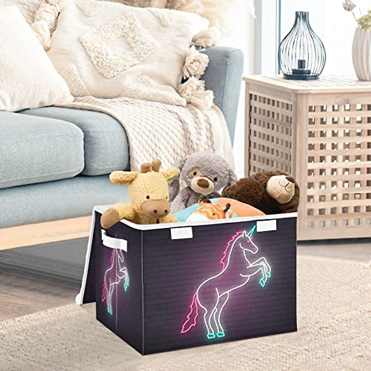 RunningBear Unicorn Neon Large Storage Bins with Lid Collapsible Storage Bin Storage Cubes Large Toy Box for Clothes Towels Magazine