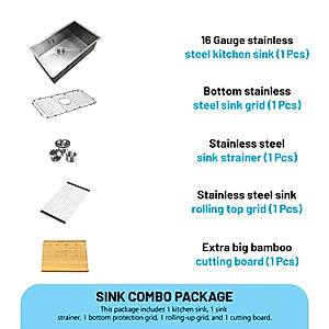 KABCO 28 Inch Single Bowl Stainless Steel Handmade Kitchen Sink with Sink Strainer, Sink Grid, a Rolling Up Grid, and Bamboo Cutting Board, Rust Resistant Sound, and Heatproof 16 Gauge Undermount Sink