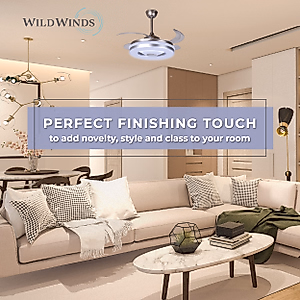 WildWinds 42" Retractable Ceiling Fan With Bluetooth Music Player Speakers | 3 Dimmable LED Lights With Adjustable Speed & Remote Voice Control | Perfect For Bedroom, Living Room & Kitchen