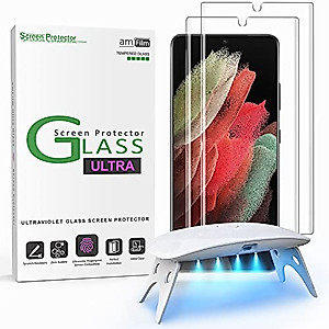 amFilm 3D Curved Screen Protector for Galaxy S21 Ultra 5G 6.8 Inch, Fully Compatible with UltraSonic Fingerprint Scanner, UV Gel Application, Tempered Glass, 2 Pack