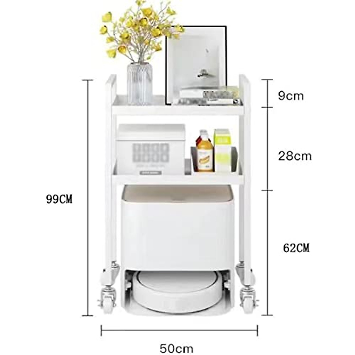 Rolling Storage Cart Vacuum Cleaner Robot Rack, Bathroom Organizer Mobile Shelving Unit Rolling Utility Cart, Metal Storage Shelves for Home/Garage/Basement/Shed/Laundry Room, Space Saver