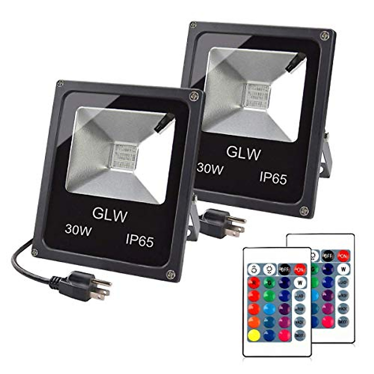 GLW 30W RGB LED Flood Light Remote Control Outdoor Landscape Lighting IP65 Waterproof 16 Colors Changing 4 Mode Security Light for Garden,Lawn,Yard (2 Pack)