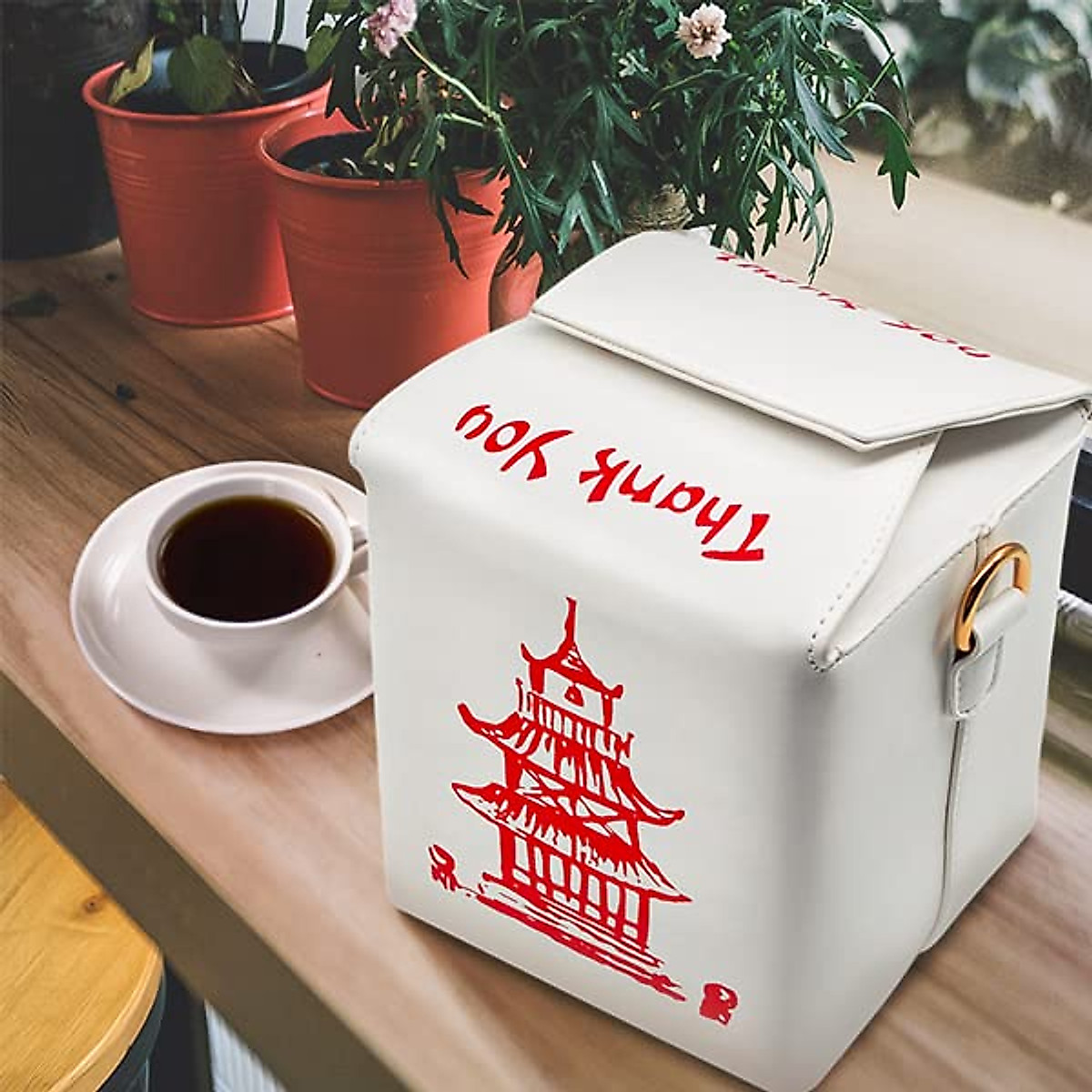 USTYLE Chinese Takeout Box Crossbody Bag, Fashion Novelty Cute Women Girl Shoulder Bag with Golden Chain Strap (white)