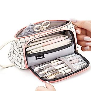 Pencil Case Big Capacity Multi-Slot Pen Bag Pouch Holder Pen Bag Gift for Office School Supplier Teen Girl Boy Men Women Adult (Plaid White)