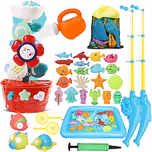 TOY Life Flower Bath Toys for Toddlers with Squirter Kids Magnetic Fishing Game with Magnetic Fishing Pole