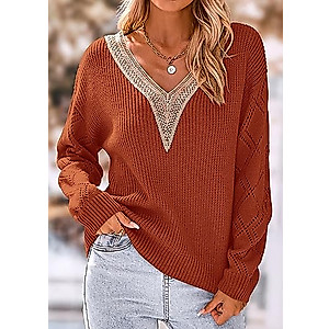 KIRUNDO Women’s 2023 Fall Casual Crochet Long Sleeve Lace V Neck Ribbed Knit Pullover Sweater Tops Rust Red