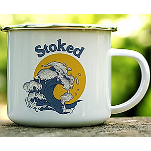Stoked Surfing Camp Coffee Mug, Beach Surf Ocean Lover Campfire Cup, Gift for Camping Surfer Nature Outdoor Enthusiast (16oz)