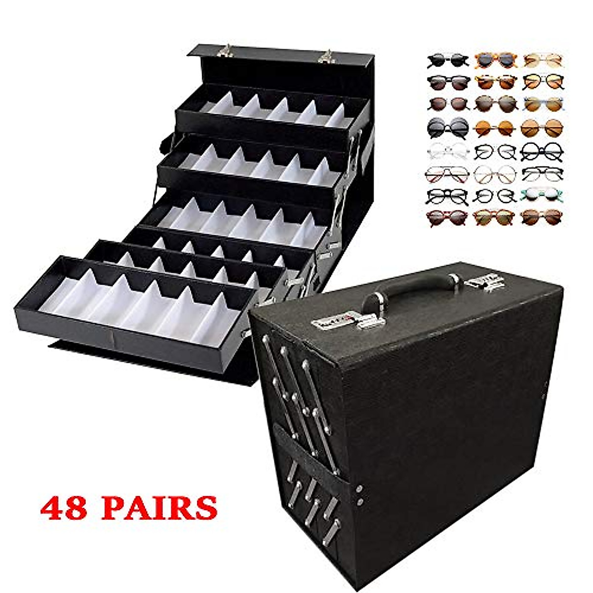 TFCFL Sunglasses Organizer, Sunglasses Slot Display Case,Sunglasses Jewelry Collection Storage Holder Box with Clear Glass Lid PU (48 Slots)