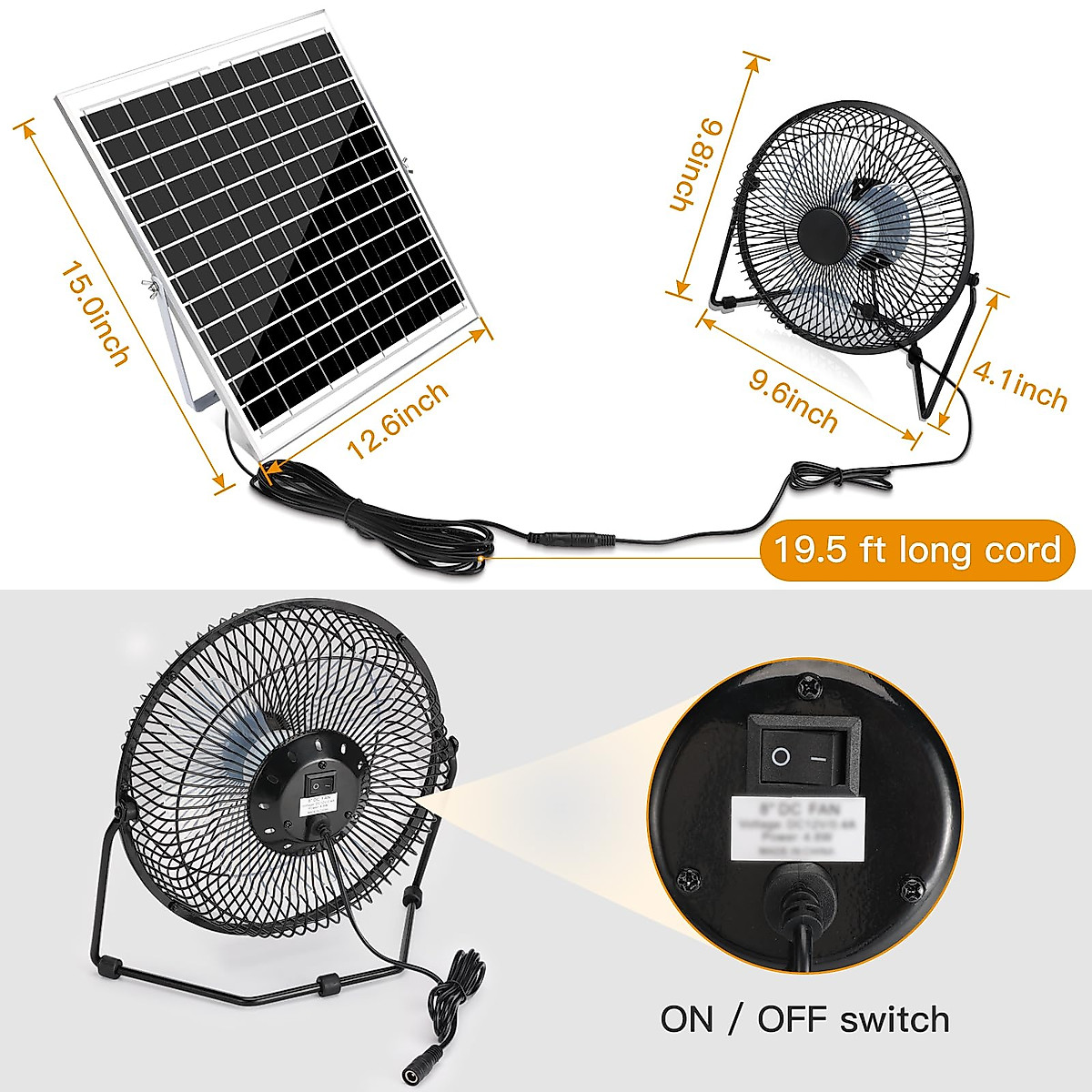 blessny 8" Solar Powered Fan, 20W Solar Panel Power Fans for Greenhouse or Chicken Coop Air Circulation Cooling, 2010 RMP High Velocity, 36dB Quiet Operation, 19.5ft Long Cord (Black)
