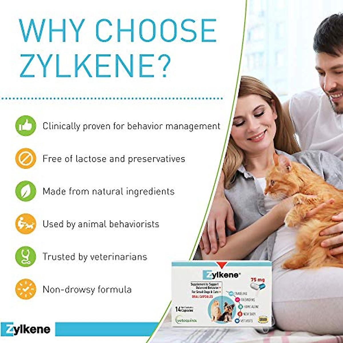 Vetoquinol Zylkene Behavior Support Capsules for Small Dogs and Cats, Calming All Natural Milk Protein Supplement, Helps Relieve Dog Anxiety and Cat Anxiety During Fireworks and Thunder, 75mg