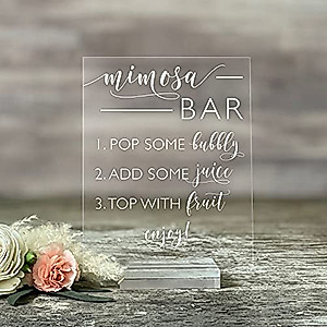Acrylic Wedding Sign: Mimosa Bar Bridal Shower Sign – Clear Acrylic Sign with Stand – Mimosa Bar Sign, Free Drink Sign, Rustic Wedding Decorations, Reception Decorations (5X7, Clear Acrylic Stand)