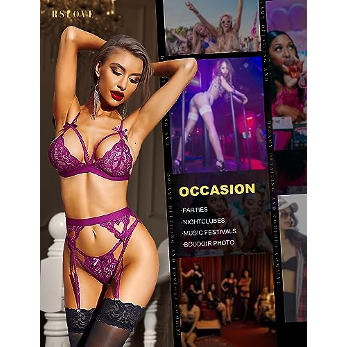 RSLOVE Lingerie for Women Lingerie Sets with Garter Belt 3 Piece Lace Teddy Babydoll Bodysuit Violet S