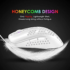 60% Gaming Keyboard and Mouse,Rainbow LED Backlit Gaming Keyboard with Wired Mini Portable Ergonomic 2400 DPI Ultralight Gaming Honeycomb Shell Mouse,Mouse Pad for Windows PC Gamers(White)