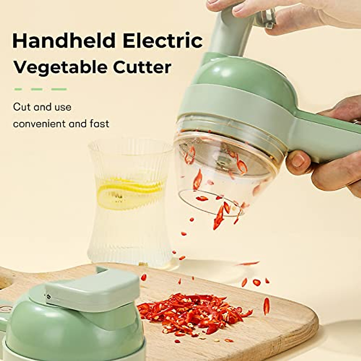 4 in 1 Handheld Electric Vegetable Cutter Set, Cordless Electric Garlic Chopper, Portable Food Slicer and Chopper for Garlic Pepper Chili Onion Celery Ginger Meat