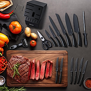 RAXCO Knife Set with Block, Kitchen Knife Set-6 Kitchen Knives,6 Steak Knives,Dishwasher Safe knife set Black(17-1)