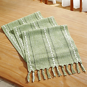 Rustic Farmhouse Style Linen Table Runner, Boho Handmade Tassel Embroidered Small Table Runners 48 Inches Long for Holiday Party, Christmas and Dining Decorations, 13 inchW X 48 inchL - Sage Green