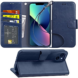 Arae Compatible with iPhone 13 Case with Card Holder and Wrist Strap Wallet Flip Cover for iPhone 13 6.1 inch-Blue