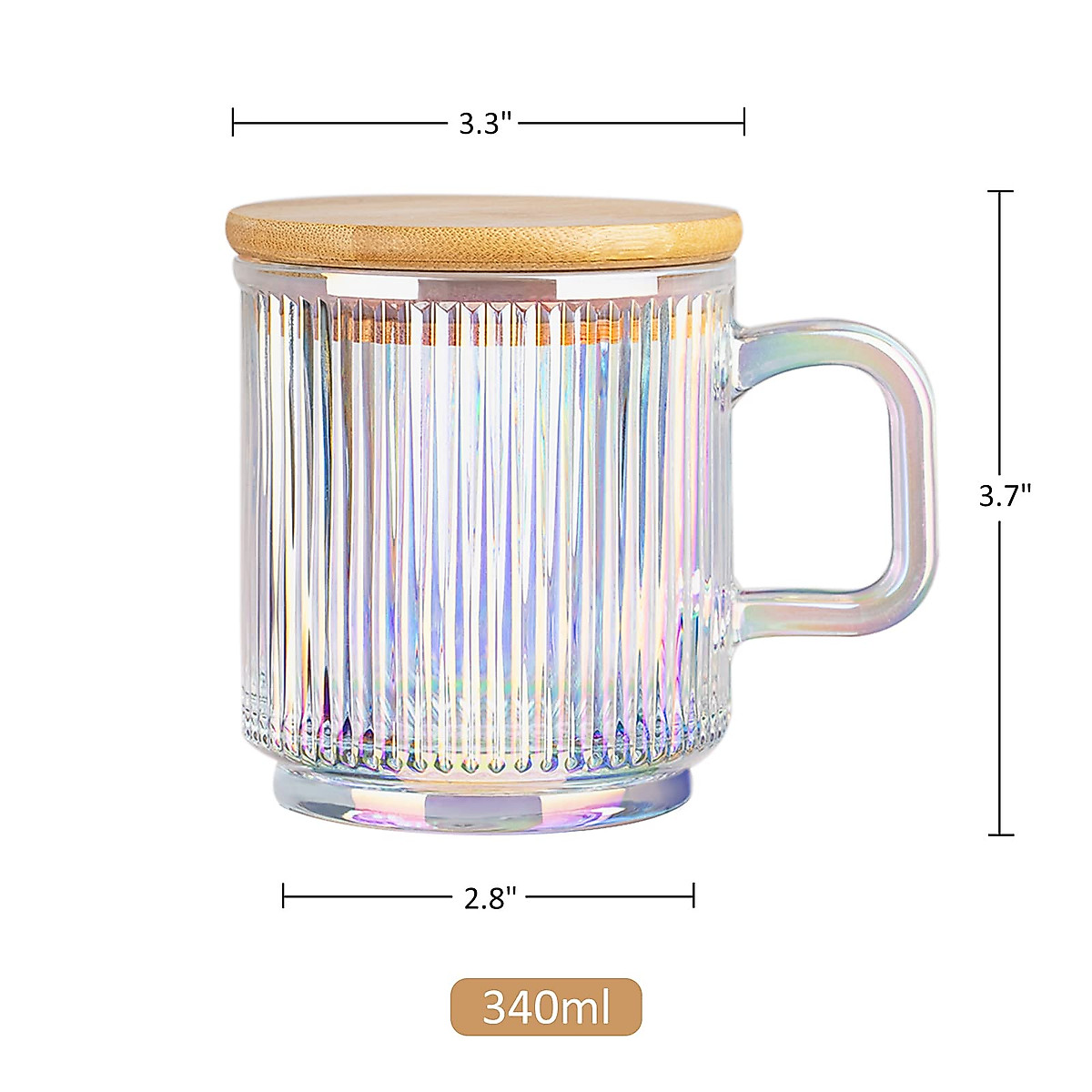 Joeyan Iridescent Glass Coffee Mugs Set of 2-11.5 oz Striped Coffee cups with Lid - Large Drinking Glasses with Handle for Latte, Coffee, Tea, Milk, Juice
