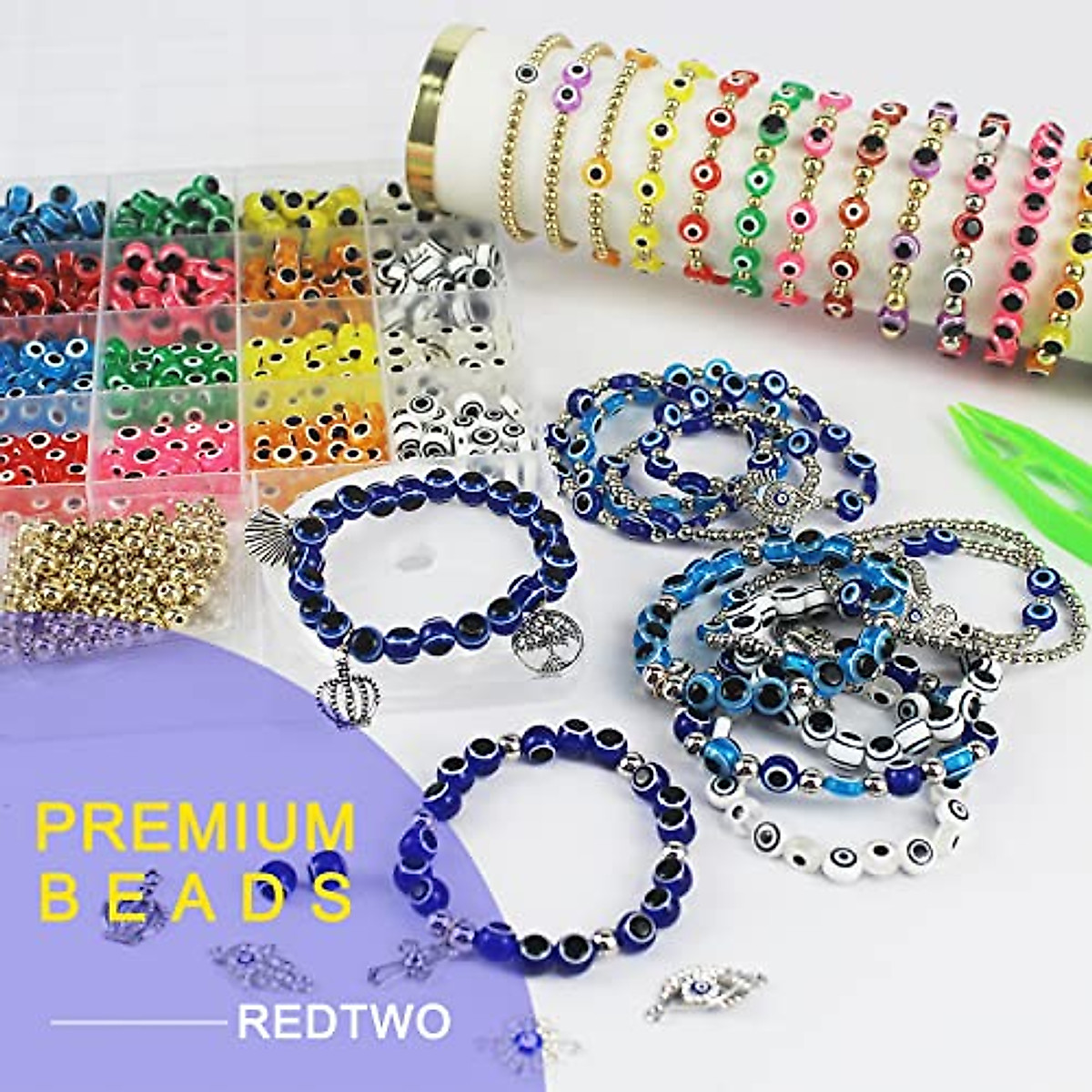 Redtwo 900 Pcs Evil Eye Beads Bracelet Making Kit, Friendship Evil Eye Bracelet Kit for Necklace Jewelry Making with Charms and Elastic Strings Gifts for Teen Girls Crafts for Girls Ages 8-12