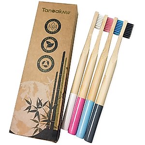 Bamboo Toothbrush Eco-Friendly Packs of 4 – Circular Organic Biodegradable handle with BPA-Free, Soft Nylon Bristle.
