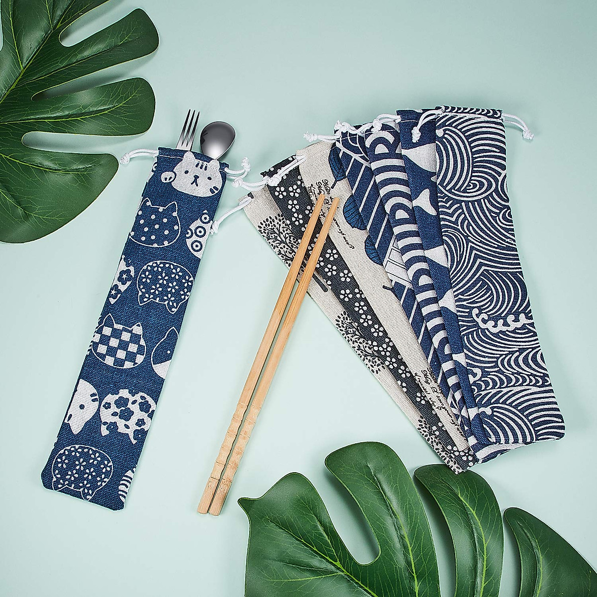 Outus 20 Pieces Straw Carrying Case Reusable Straws Cutlery Pouch Portable Straw Travel Canvas Bag for Straws, Knife, Fork, Spoon, Chopsticks