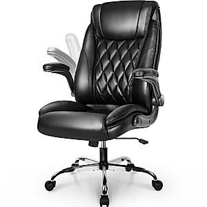 neo chair Office Chair Computer High Back Adjustable Flip-up Armrests Ergonomic Desk Chair Executive Diamond-Stitched PU Leather Swivel Task Chair with Armrests Lumbar Support (Black)
