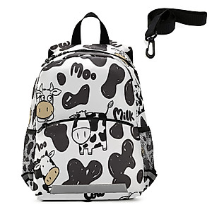 QUGRL Black White Cow Kids Toddler Backpack with Leash Harness Cute Milk Kindergarten Child Schoolbag Preschool Nursery Baby Travel Bag for Boys Girls 3-8 Years