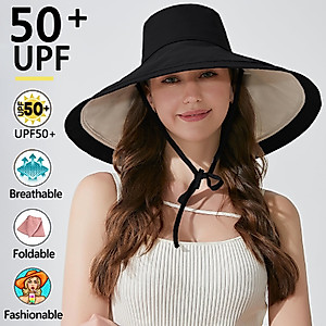 KEYDUACU 7" Women's Wide Brim Sun Hat, Large Foldable UV Protective Sun Hat, can be Worn on Both Sides, Suitable for Beach, Gardening, Travelling, Hiking（Black/White）