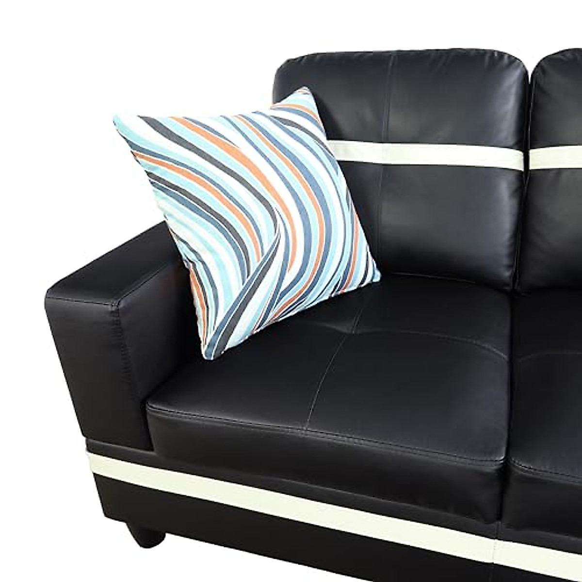 HOMVET PU L-Shaped Sofa Set with Right Chaise, Storage Ottoman,3 Piece Vegan Leather Sectional with 2 Toss Pillows,Square Arms,for Living Room/Apartment/Office,Black & White