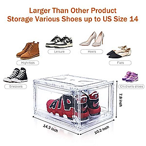10 Pack Shoe Boxes Clear Stackable, Large Shoe Storage Boxes, Space Saving Acrylic Shoe Boxes, Foldable Shoe Container Boxes that Fits Up to Size 14 Shoes (10 Pack Transparent)