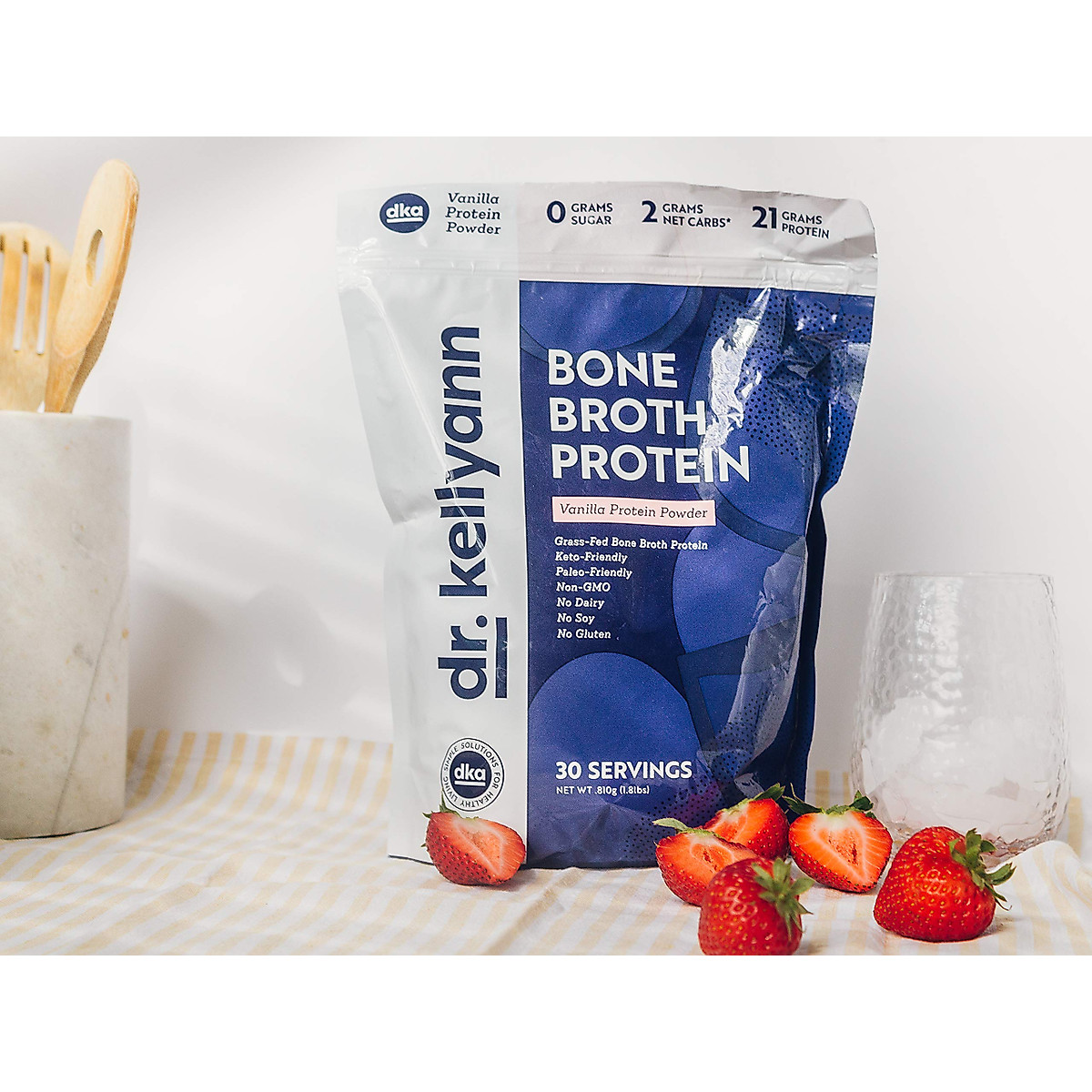 Dr. Kellyann Bone Broth Protein Powder, Vanilla (30 Servings) - Protein 21g, 2g Net Carbs - Grass Fed Hydrolyzed Collagen - Sugar Free, Gluten Free, Dairy Free, Paleo, Keto Protein Shakes