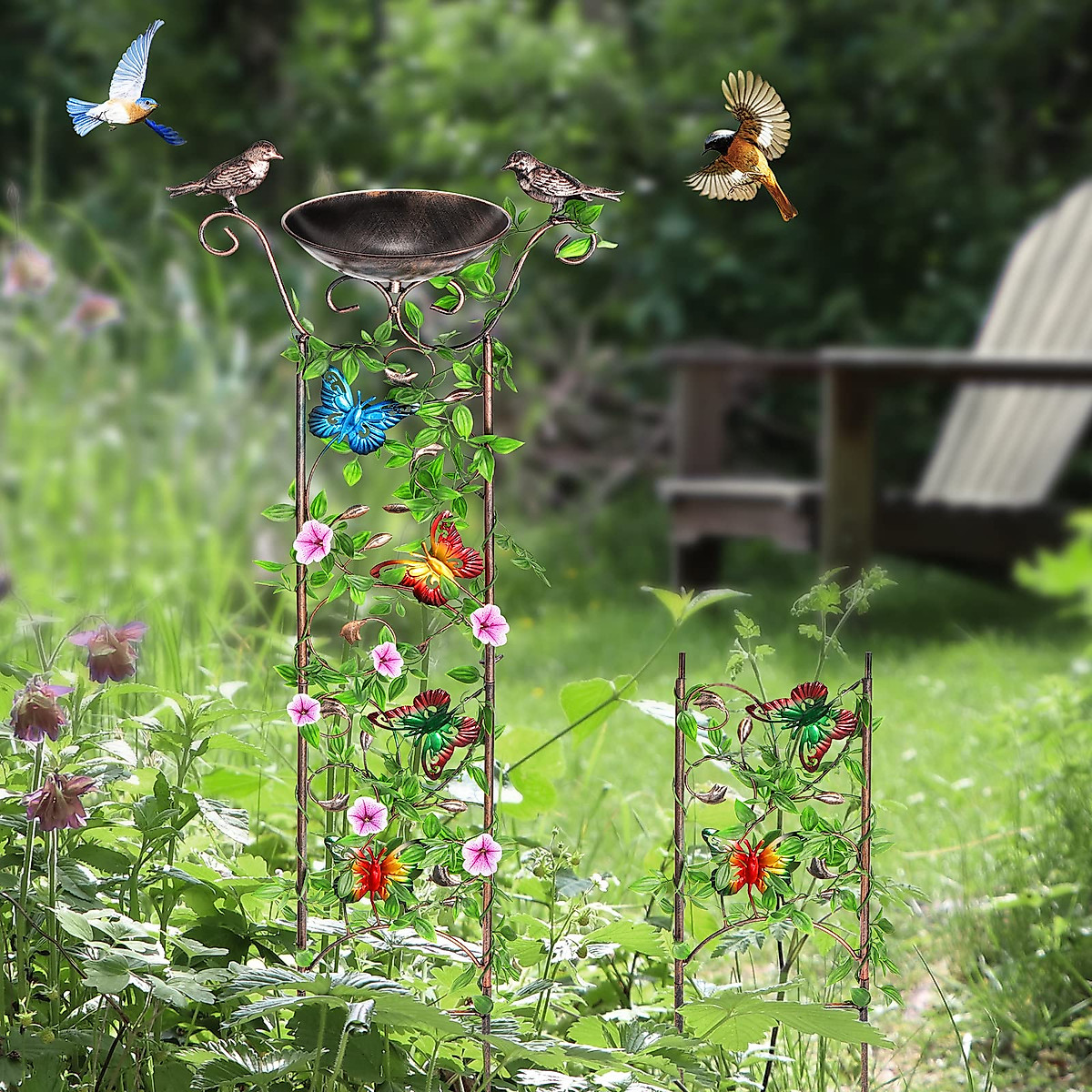 Desgully Bird Bath with Garden Trellis for Climbing Plants Outdoor, with Decorative Butterflies Free Standing Detachable Bird Feeder Bowl Bird Baths for Outdoors Antique Iron