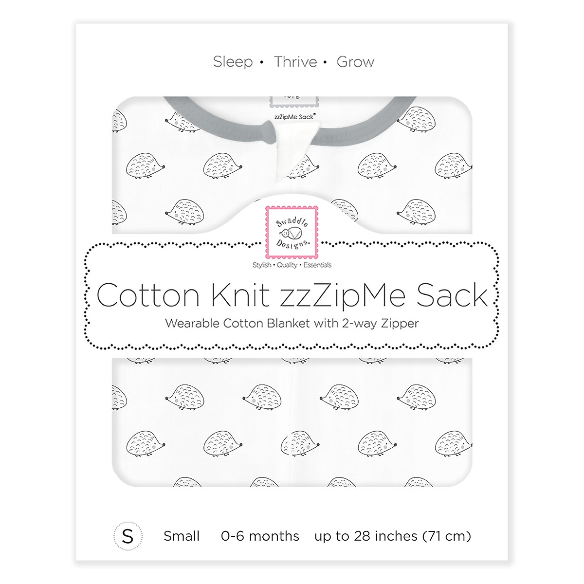 SwaddleDesigns Cotton Knit Sleeping Sack, Sleeveless Wearable blanket with 2-Way Zipper, Black Tiny Hedgehogs, Medium, 6-12 Months