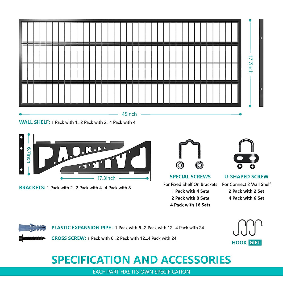 PAOKE Garage Wall Shelving, Heavy Duty Floating Shelves, Load Capacity Up to 1000 lbs, Easily Mounted on The Wall to Save Space in The Garage (1.5x3.8ft Black 4Pack)