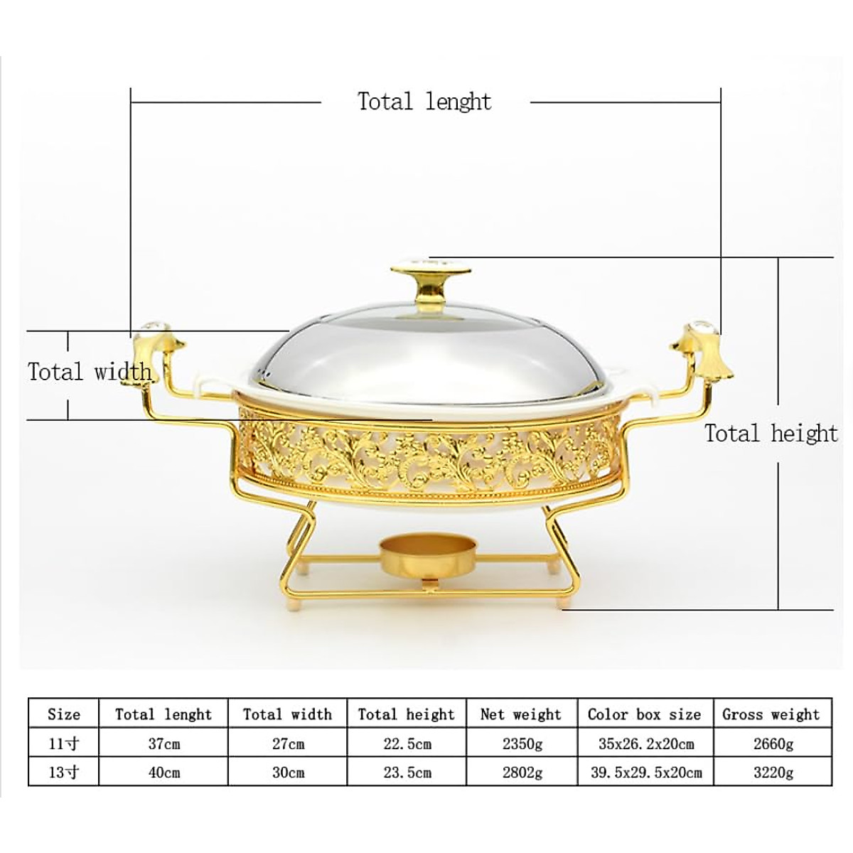13inch Buffet Food Tray Stainless Steel Chafing Buffet Dish Round Chafer Full Size Food Warmer Heating Pan Large Capacity Serving Tray with Lid for Home Restaurant Canteen Warm Buffet Server,Gold