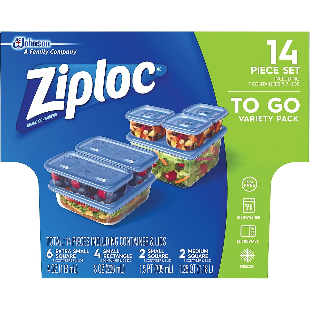 Ziploc Food Storage Meal Prep Containers with One Press Seal, For Travel & Organization, Dishwasher Safe, 14 Piece Set (Variety Pack)
