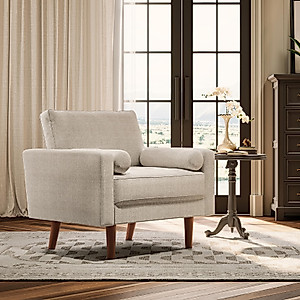 koorlian Beige Accent Chairs, Mid Century Modern Accent Chair with Track Armrest, Button Tufted Armchair, 2 Bolster Pillow, Linen Fabric Single Sofa Chair for Living Room/Bedroom/Office