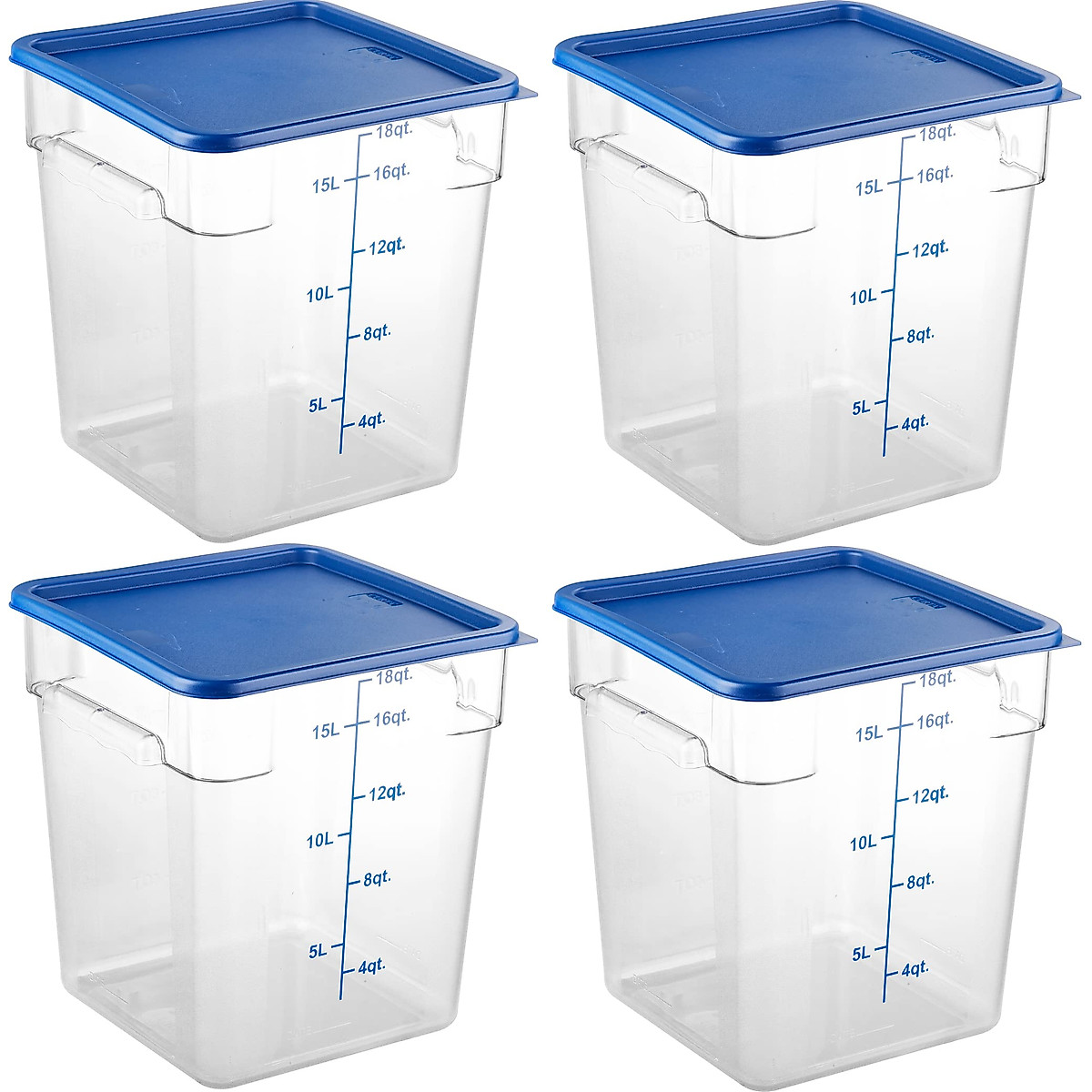CURTA 4 Pack Food Storage Containers with Blue Lids - NSF Listed Commercial Grade in 18.0 Qt - Square, Clear, Polycarbonate